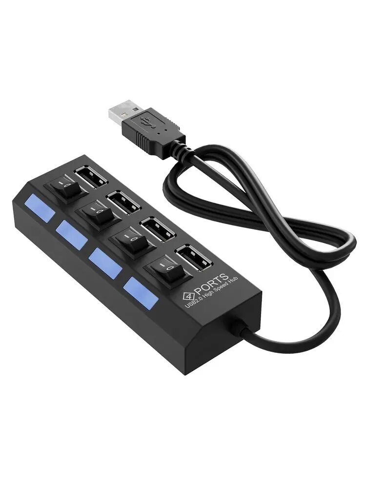USB - концентратор, разветвитель, хаб на 4 порта с выключателем (1А, 5 В, USB 2.0) переходник, адаптер (Черный)