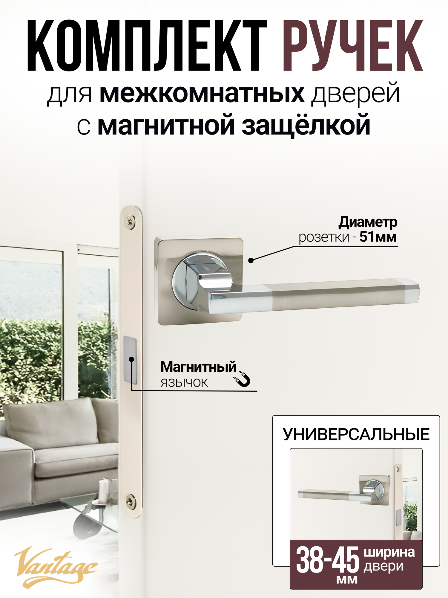 Ручка дверная межкомнатная с магнитной сантехнической защелкой комплект, алюминиевый сплав, матовый никель/глянцевый хром