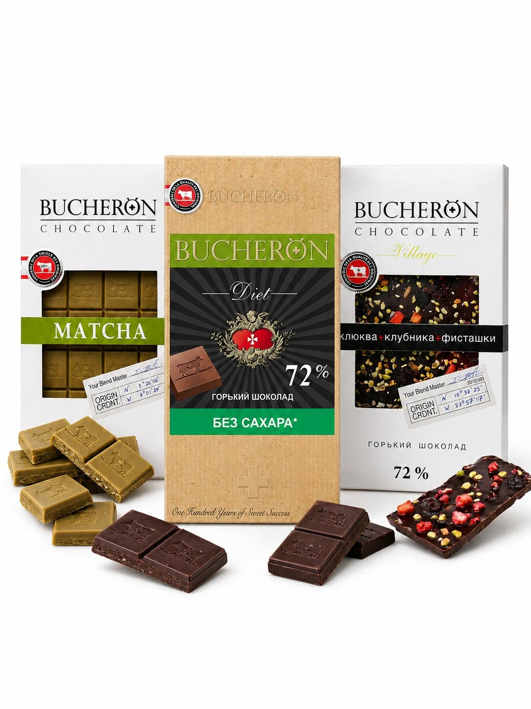 Шоколад Bucheron белый с чаем матча, горький Diet 72% без сахара и горький с клюквой, клубникой и фисташками, 70 г х 2 шт + 85 г