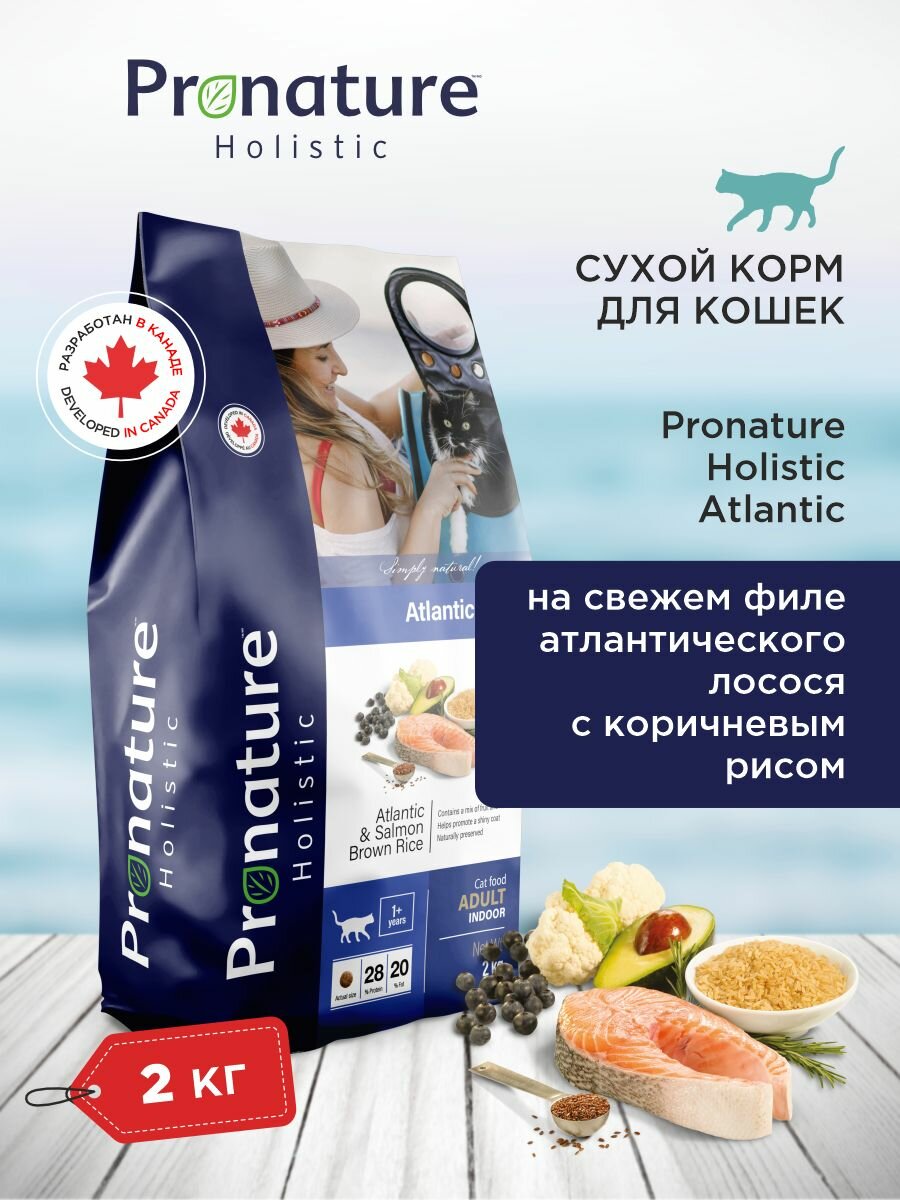 Корм для кошек сухой Pronature Holistic Atlantic для кожи и шерсти на лососе с рисом, 2кг