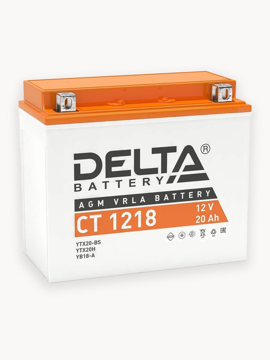 Мото аккумулятор стартерный Delta CT 1218 12В 20Ач прямая полярность 270А (12V 20Ah) (YTX20-BS; YTX20H; YB16-B-CX; YB16-B) AGM аккумулятор для мотоцикла, квадроцикла, снегохода, гидроцикла, генератора