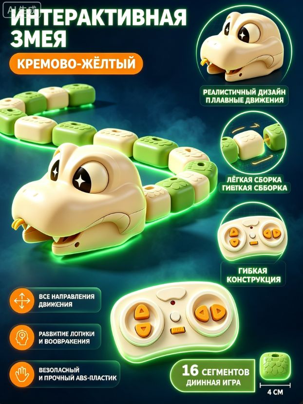 Радиоуправляемый конструктор-змея из 16 сегментов, интерактивная игрушка из безопасного ABS пластика бежевого цвета с пультом дистанционного управлени