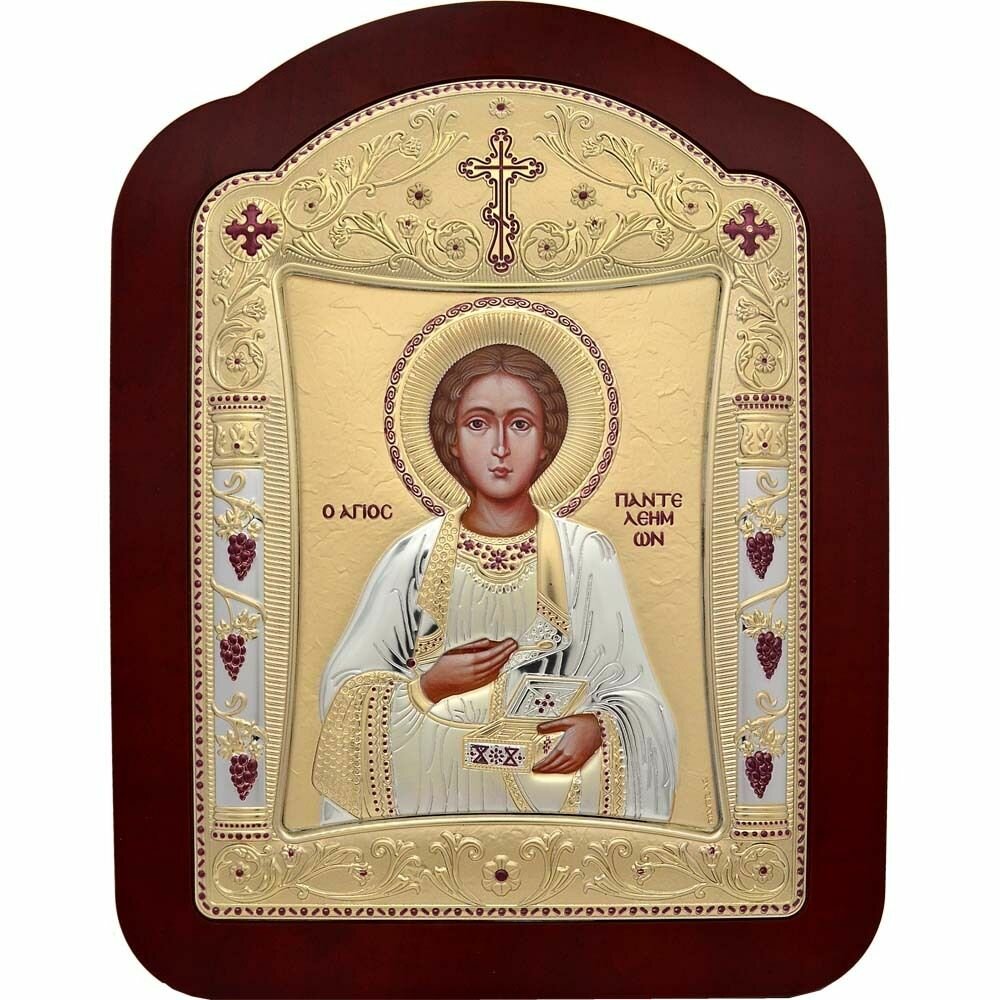 Святой Пантелеймон Целитель. Икона в серебряном окладе. (23 х 31 см / В серебряном окладе с цветным лаком в киоте под стеклом / 31)