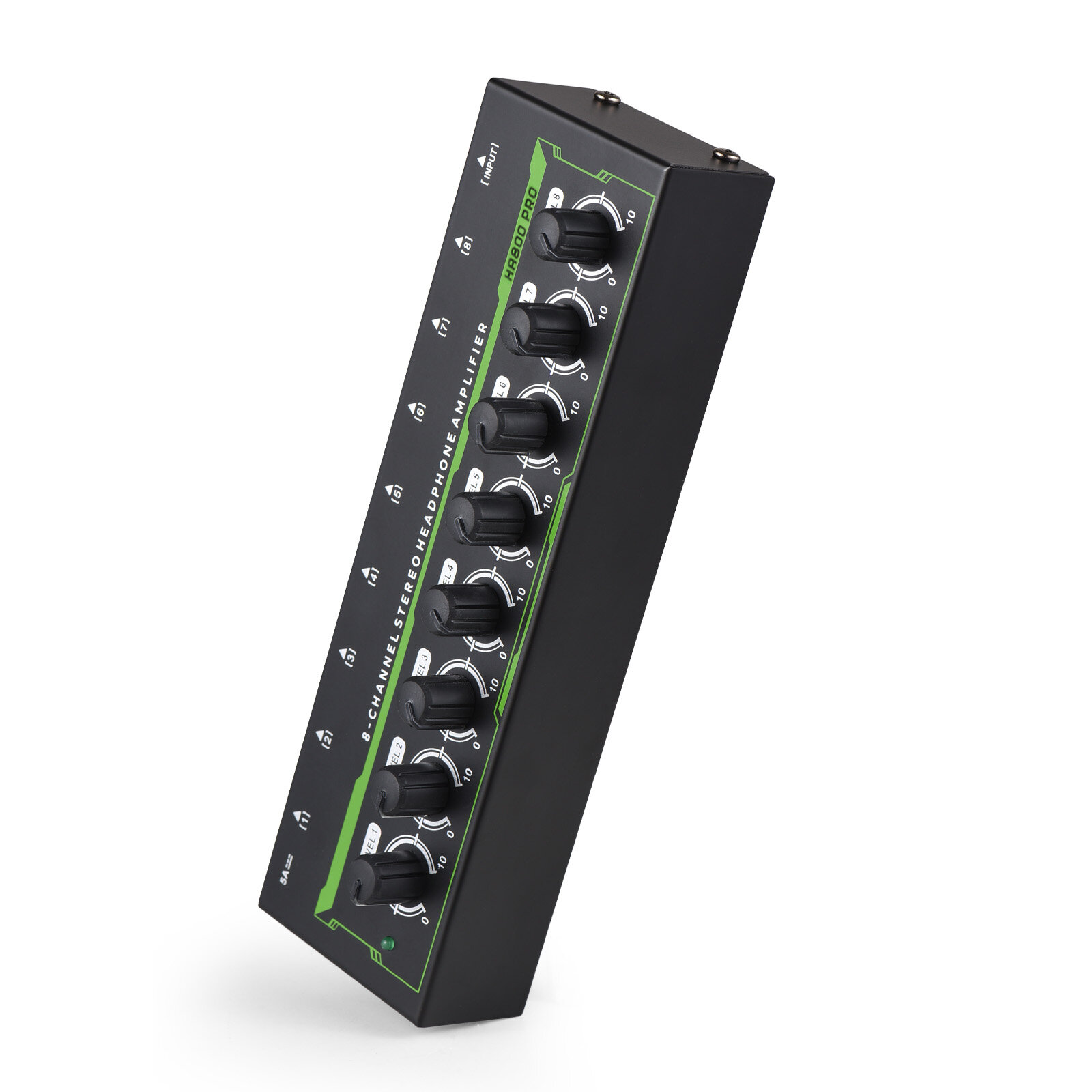 Усилитель наушников 8 каналов стерео с адаптером питания DC 12V, интерфейс входа/выхода 6.35mm, портативный сплиттер усилителя наушников для сцены студии, черный цвет, металл, размер 19.7*5.8*3.2cm, в комплект входят 1 усилитель наушников и 1 адаптер