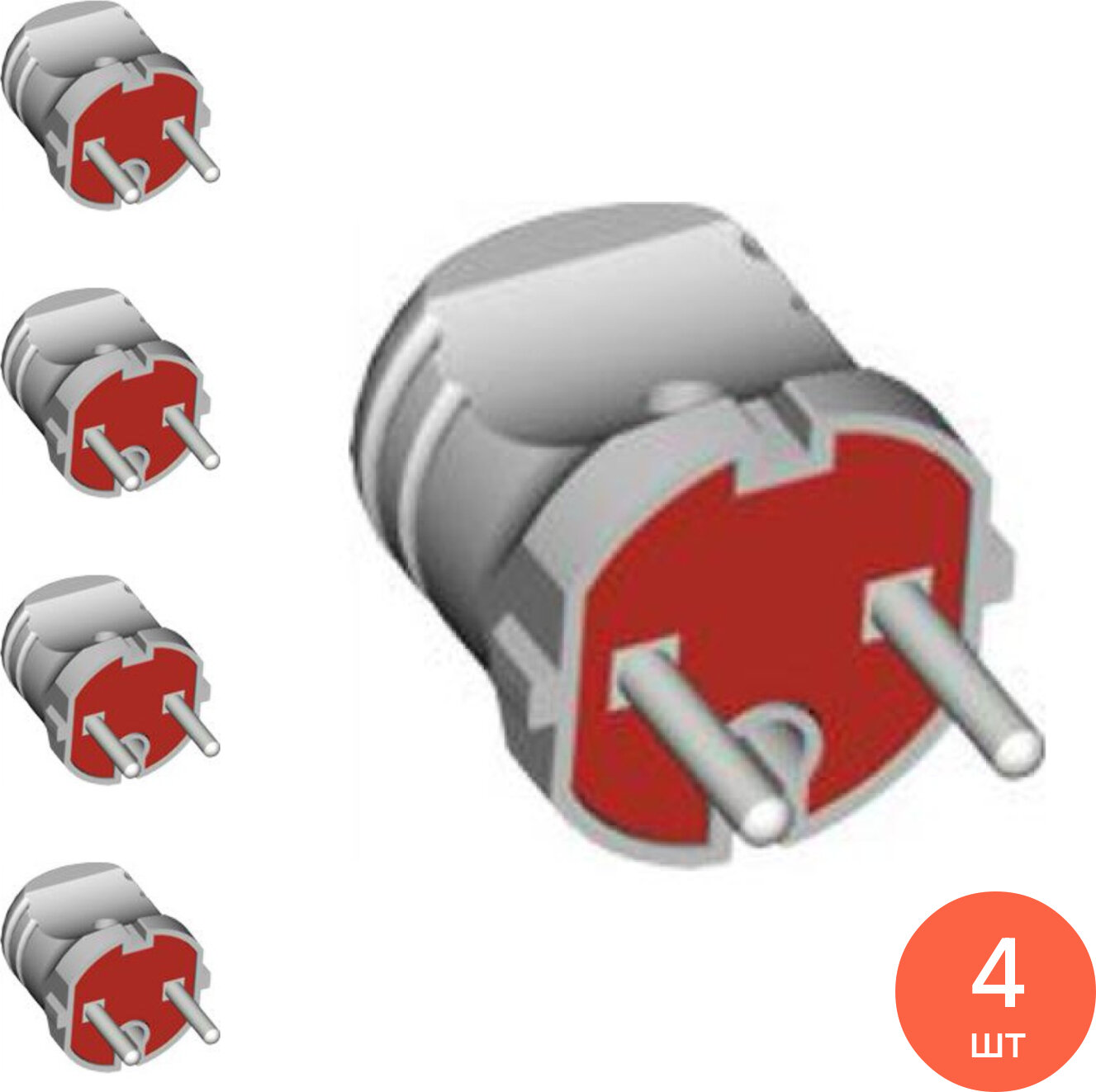 Вилка электрическая Lezard / Лезард без заземляющих контактов из АБС-пластика, бело-красная, степень защиты IP20, 220В, 6А / электрика (комплект из 4 шт)