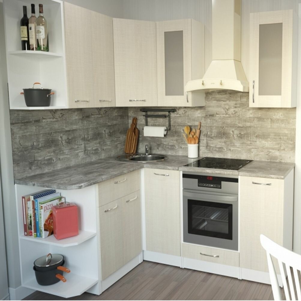 Кухонный гарнитур Лариса прайм 3 ширина 150*200 см цвет латте/белый/кантри, угловая, с открытыми полками, выдвижными ящиками