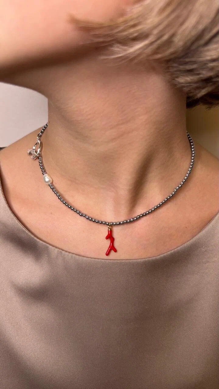 Колье, гематит, жемчуг пресноводный