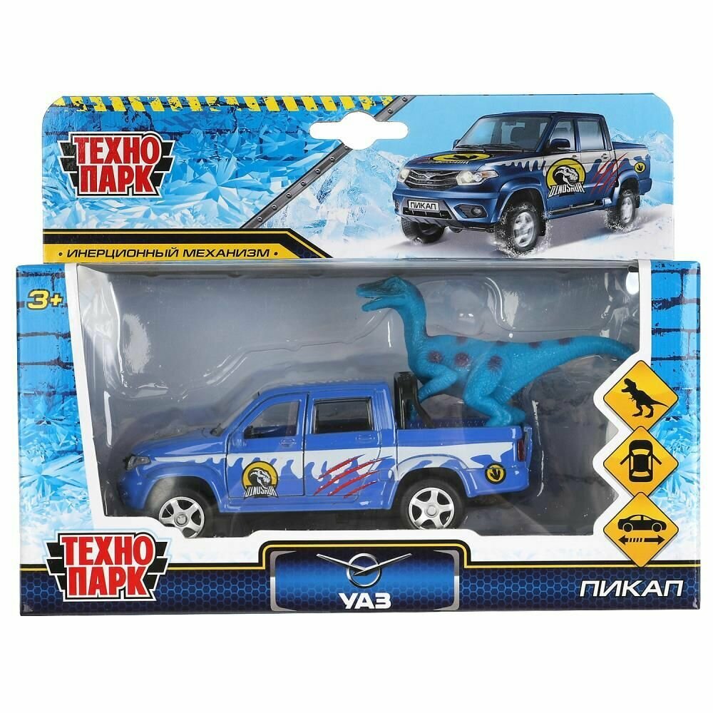 Машина металлическая UAZ PICKUP снег Технопарк (12 см, двери и багажник открываются, инерционнаяц, синяя, с динозавром)
