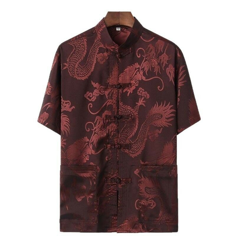 Летний костюм Тан, мужская рубашка, шелковый костюм, темно-кофейный, 170/40