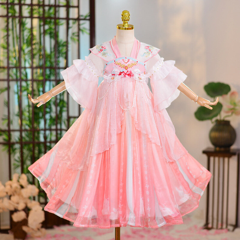 Костюм Hanfu, персиково-розовый, для девочек, с длинными рукавами