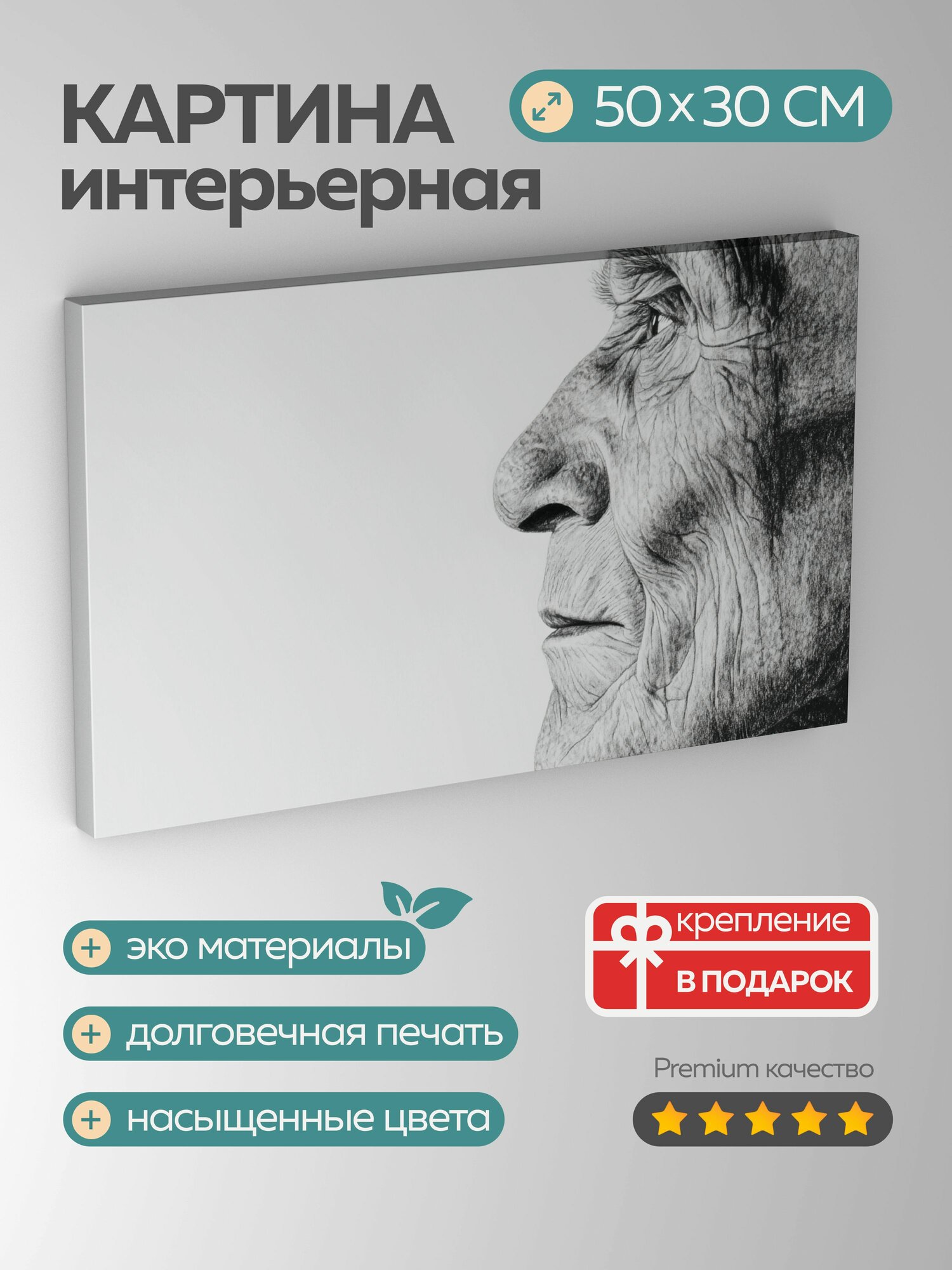 Картина на холсте интерьерная 50х30 см, Рисунок, уголь, старец, мудрость, опыт, лицо, контуры, детальность, эстетика