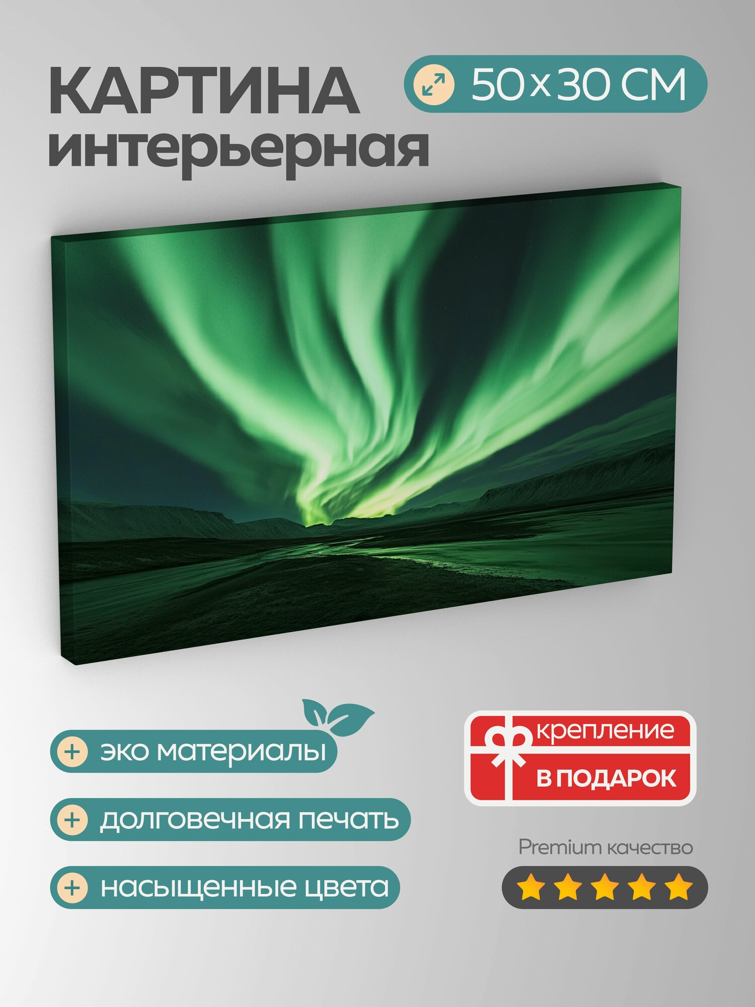 Картина на холсте интерьерная 50х30 см, Северное сияние, зеленое, ночное небо, потусторонний пейзаж, мистическое, чудо