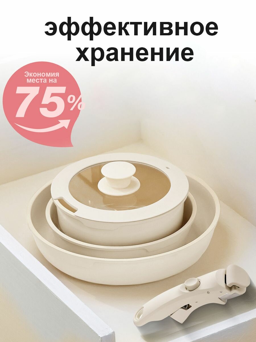 Набор кастрюль из 5 частей сковорода, вок, пароварка со съемными ручками, антипригарное покрытие, для всех плит