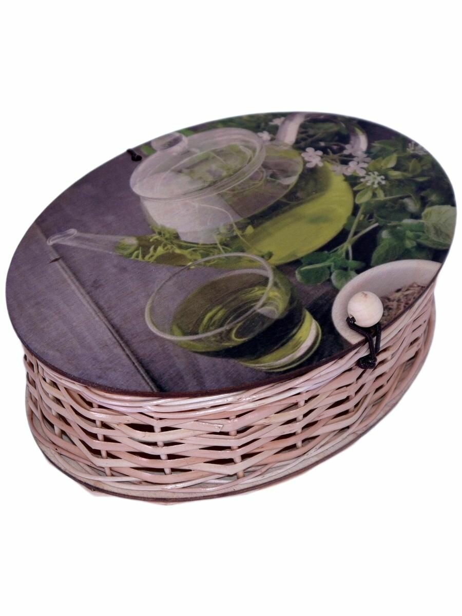 Шкатулка (корзина) овальная плетеная с принтом на крышке №1/1 - чай, ручное плетение из лозы