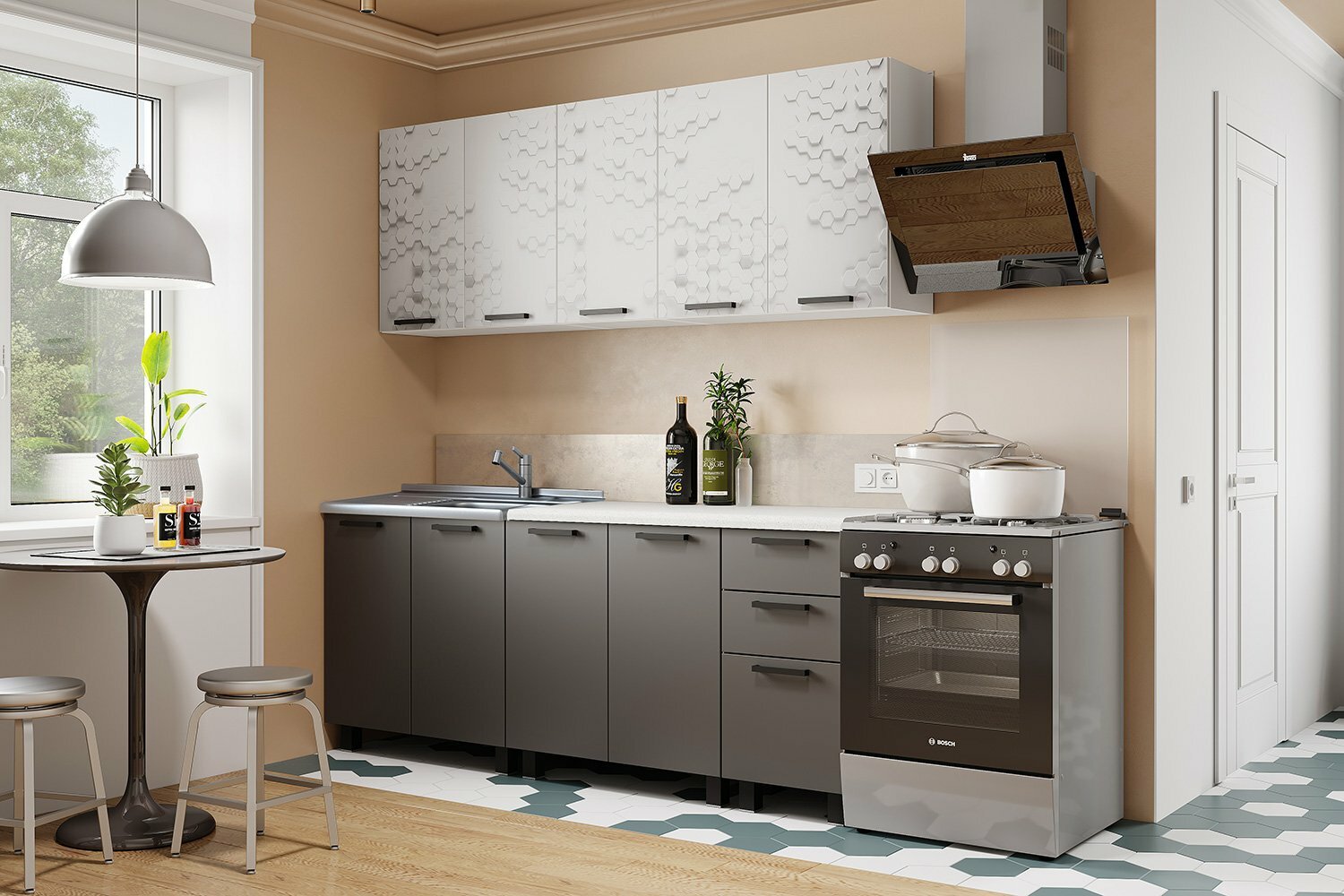 Кухня 3D техно, 200х216,6х60 см, столешница в комплекте, цвет белый, тауп, антарес