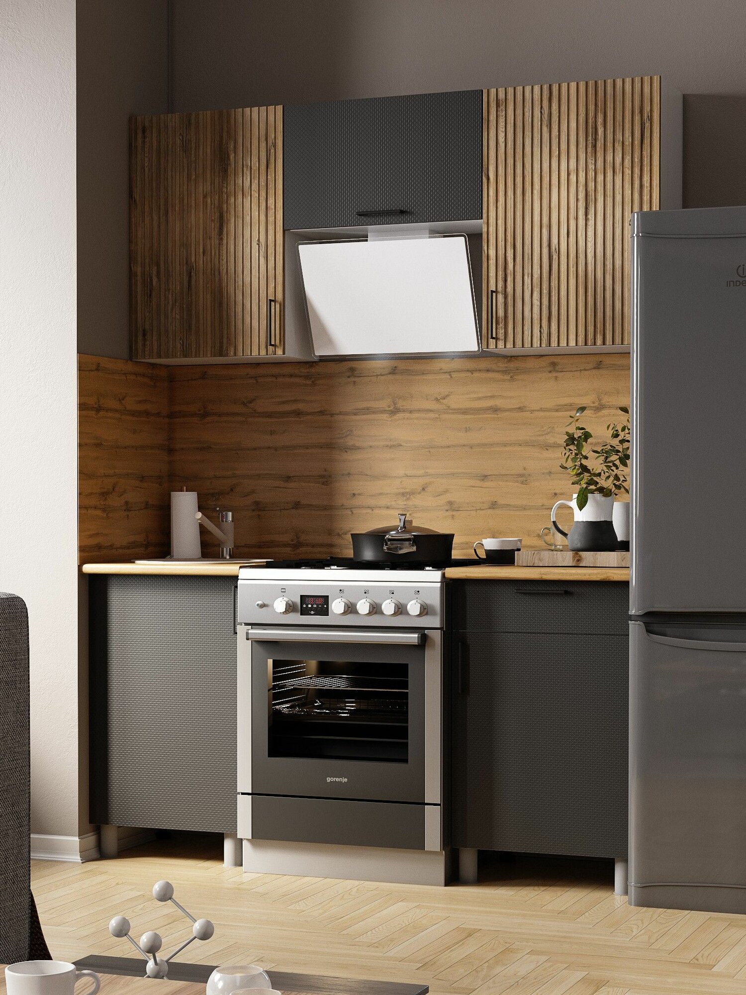 Кухонный гарнитур с окапом Кантри МДФ 1,6м дуб канадский/карбон вулкан без столешницы