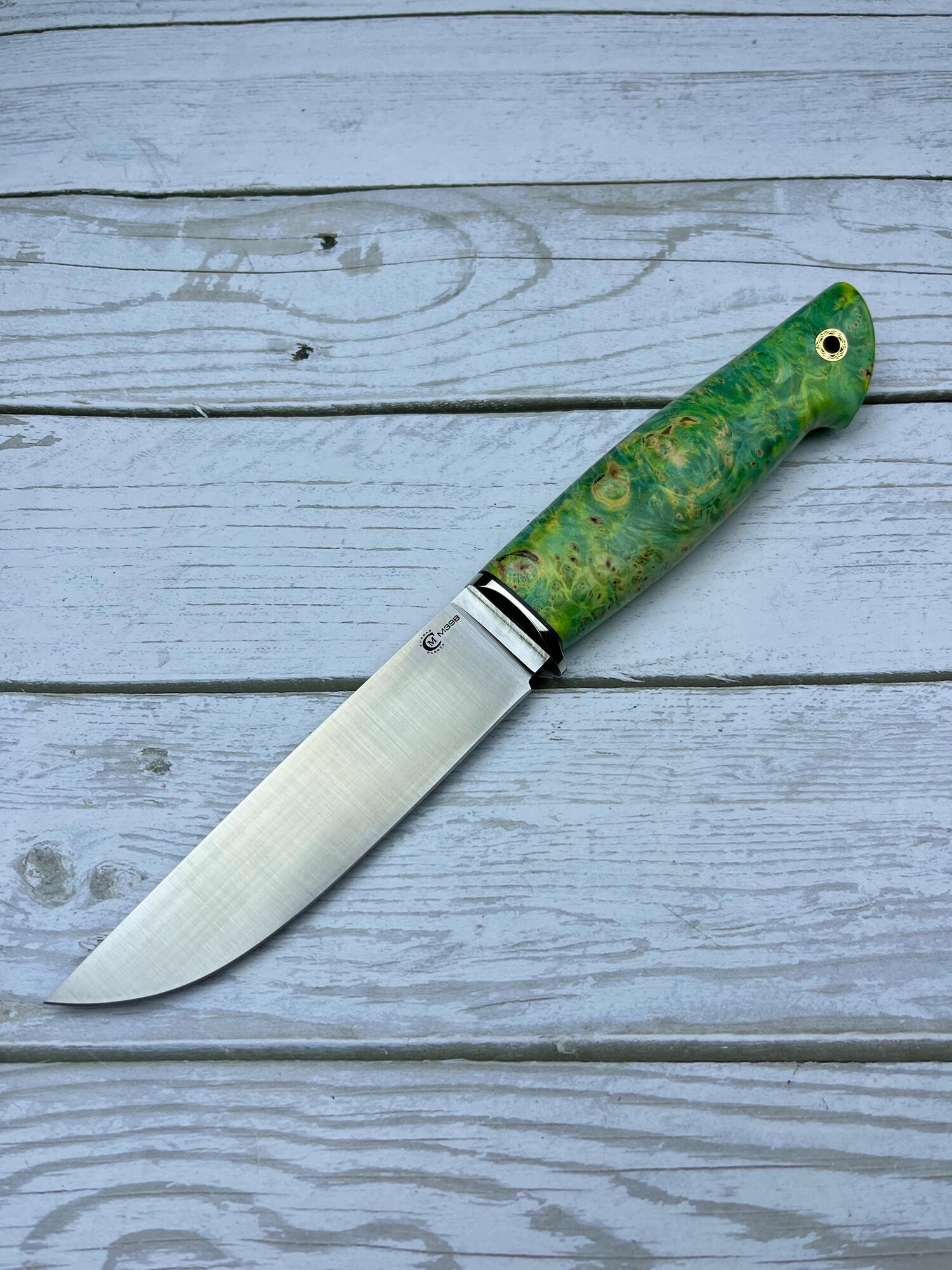 Нож туристический из стали М398 ястреб, рукоять литье мельхиор, стабилизированный кап клена. Ножны из натуральной кожи. Официальный магазин производителя Мастерская Сёмина