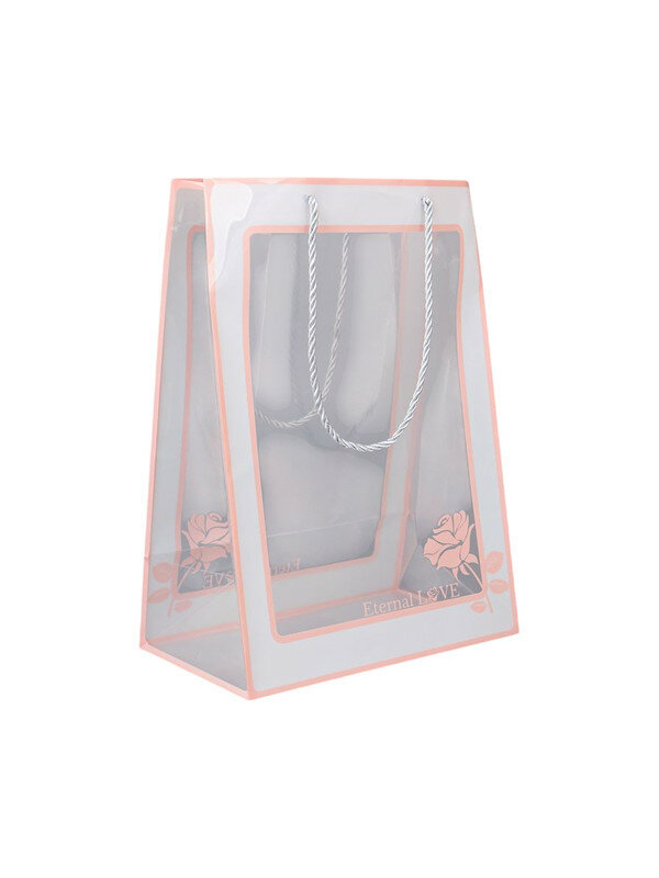 Сумка-кашпо пластик с ручками, с окном, бело-розовый кант