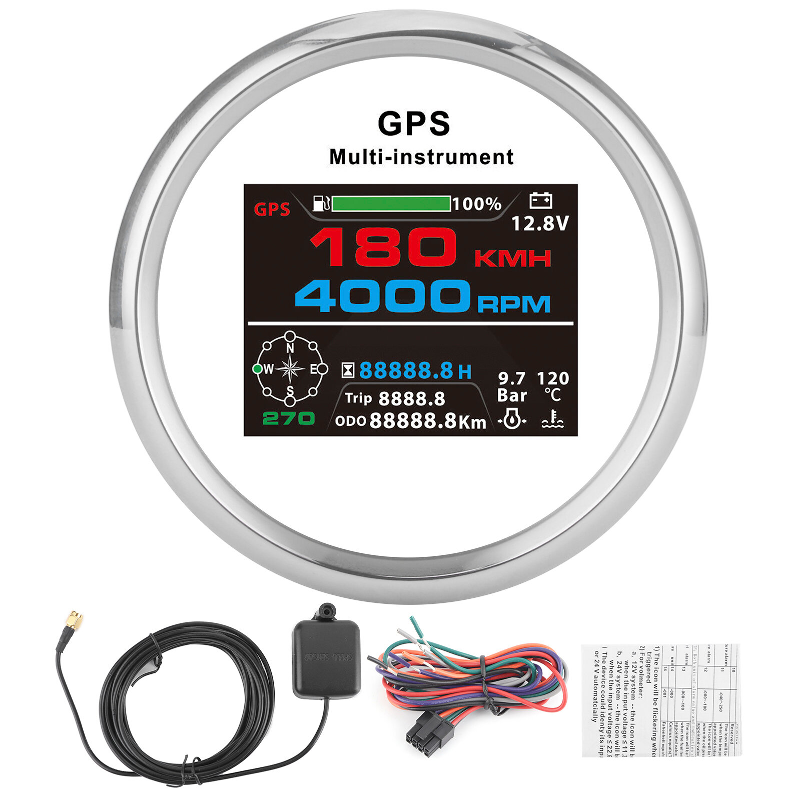 Многофункциональный измерительный прибор 85 мм с GPS, цветным TFT-дисплеем, цифровым вольтметром, одометром и спидометром для лодок и яхт.