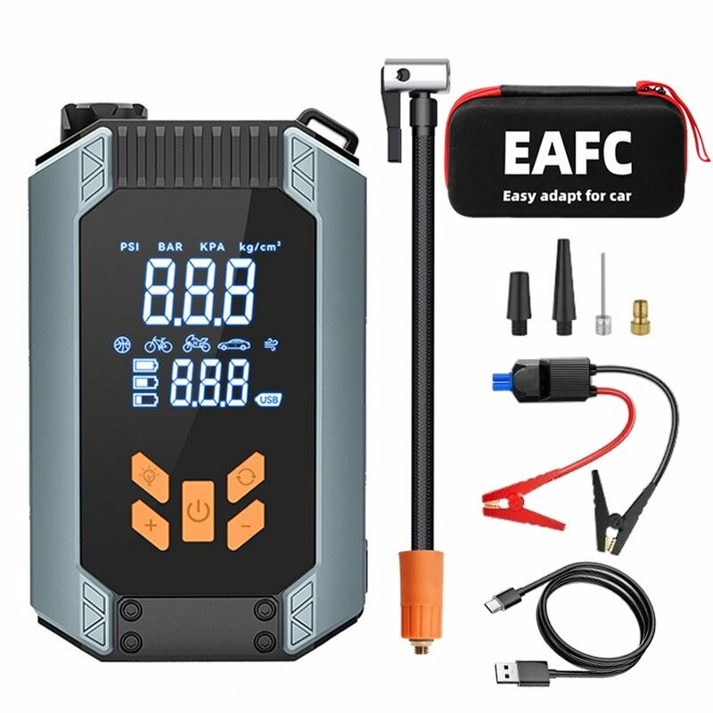 Компрессор беспроводной автомобильный 4-в-1 c пусковое устройство 800A, Power Bank 7200мАч, с LED фонарем и кейсе