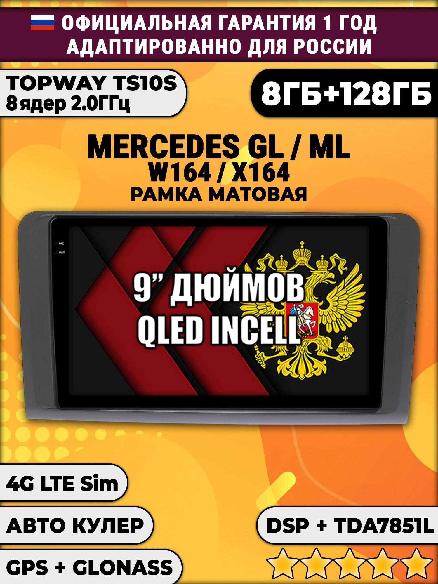 8 ядер TS105, память 8/128гб для MERCEDES BENZ W164 X164 (GL/ML), Android магнитола - Рамка черная матовая