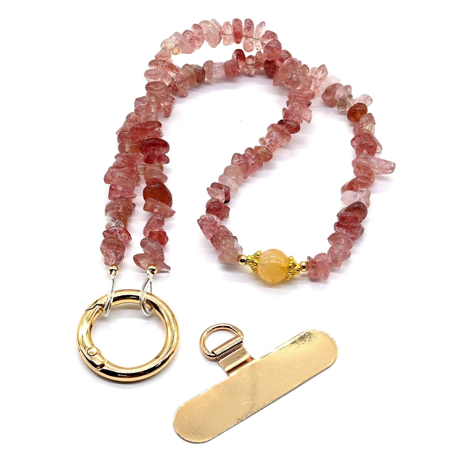 Брелок на чехол телефона с крошкой клубничного кварца, 38см .