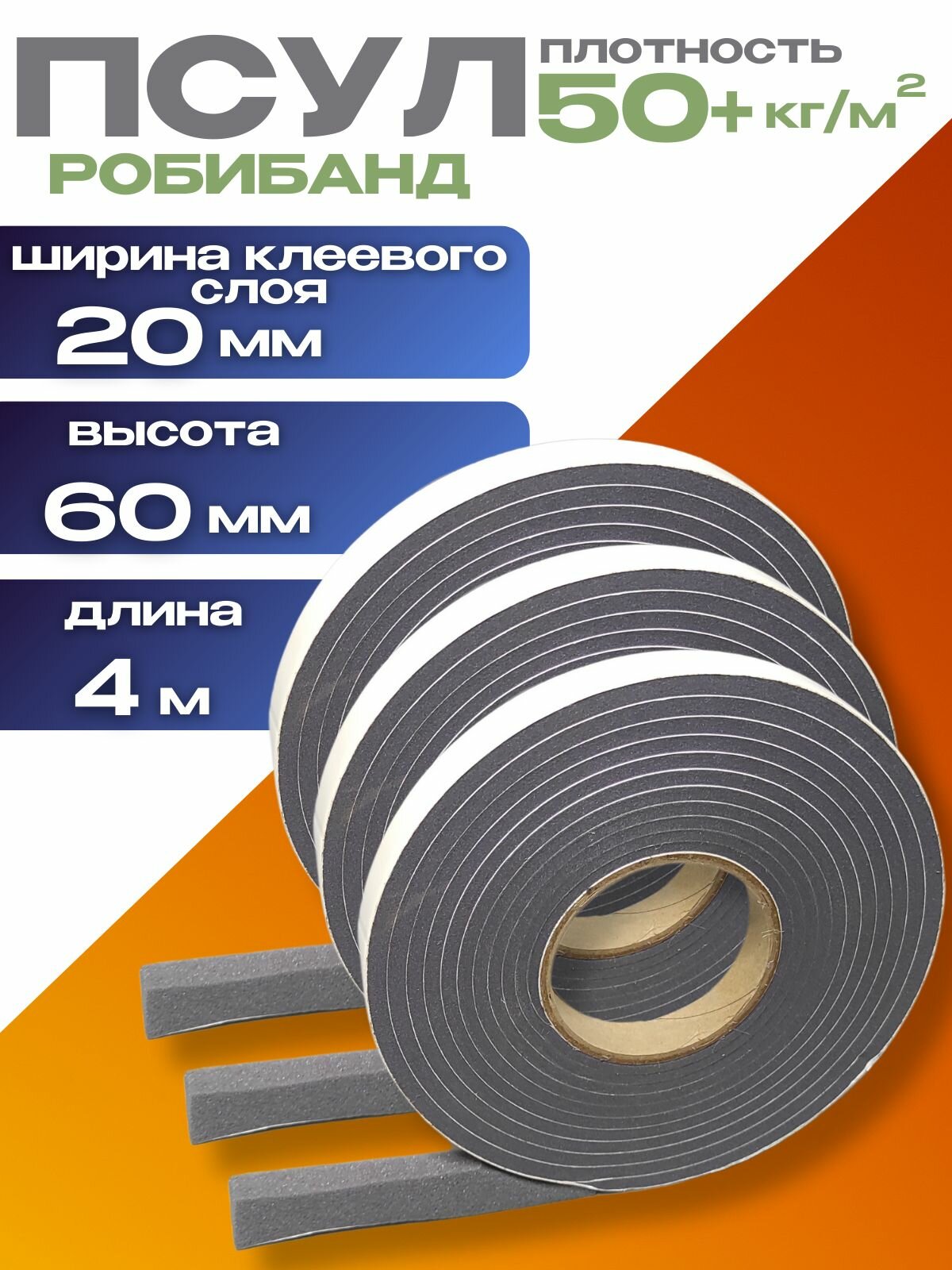Робибанд ПСУЛ 20/60, 4 метра (плотность 50+ Премиум), Уплотнительная лента самоклеящаяся для дверей, окон, кровли, герметизации стыков, швов и зазоров, набор из 3 лент