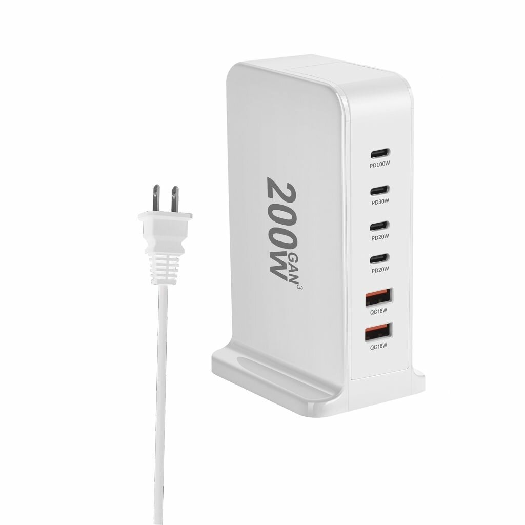 Зарядное устройство,200W 2USB+4Type C 6-портовое зарядное устройство - американский стандарт - белый, 1 шт