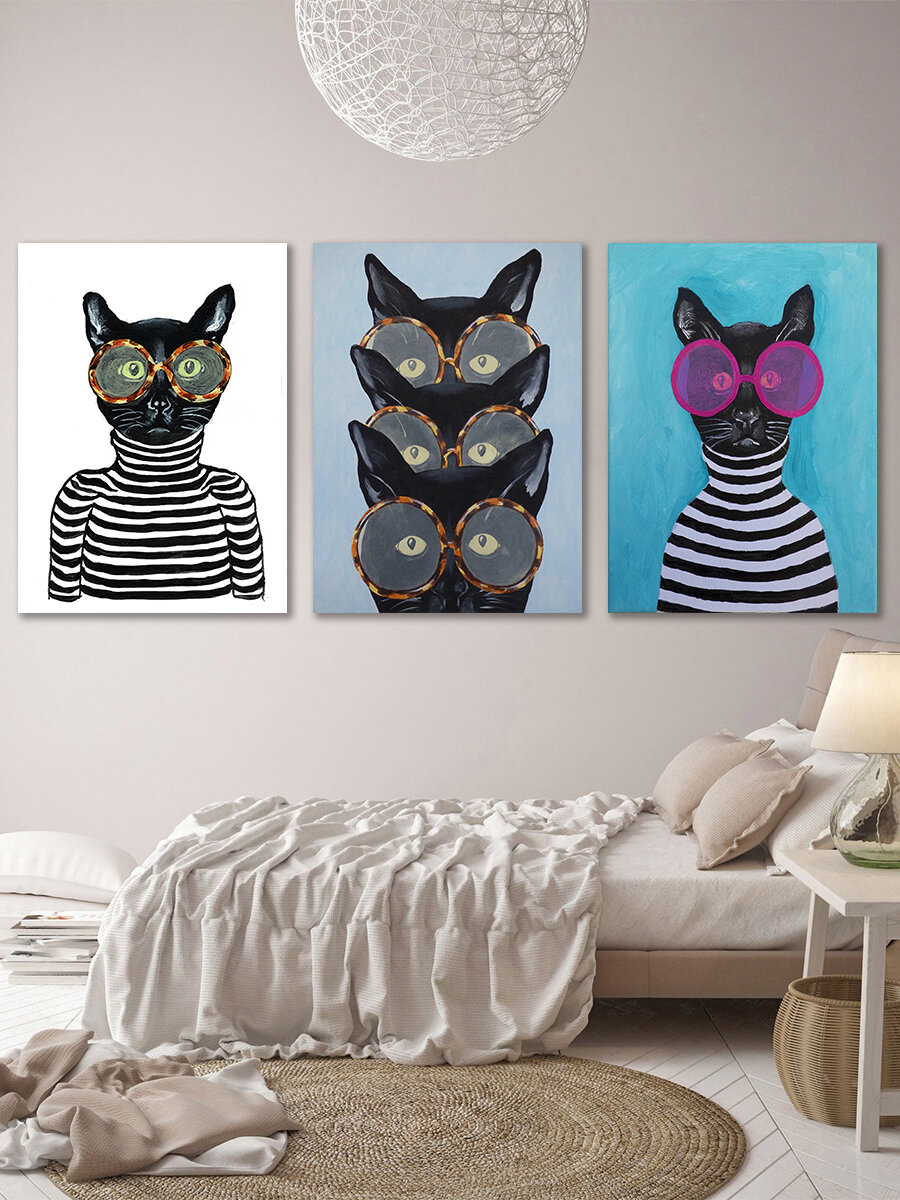 Картина модульная на стену / композиция из 3-х картин, "Крутые коты хипстеры", 70х150 см.