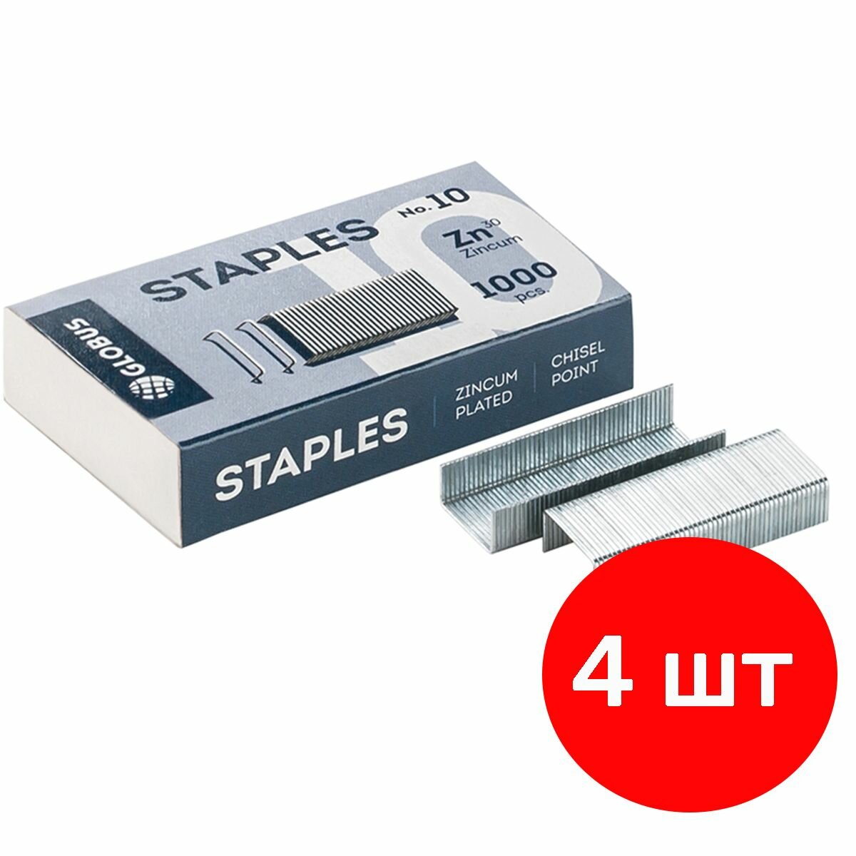 Скобы 4 упак, для степлера №10, оцинкованные, 1000шт, Globus