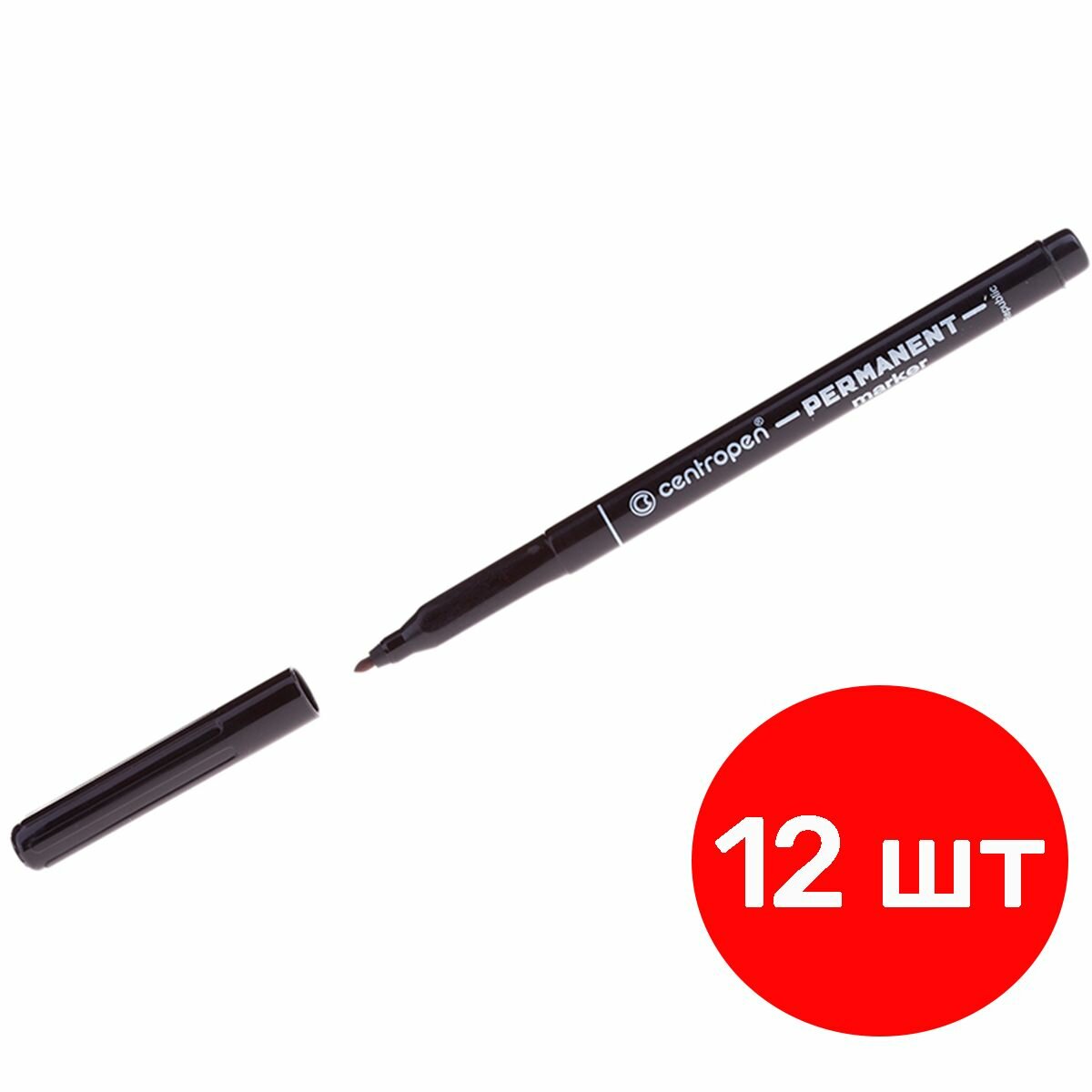 Маркер перманентный 12штук, черный, пулевидный, 1мм, светостойкий