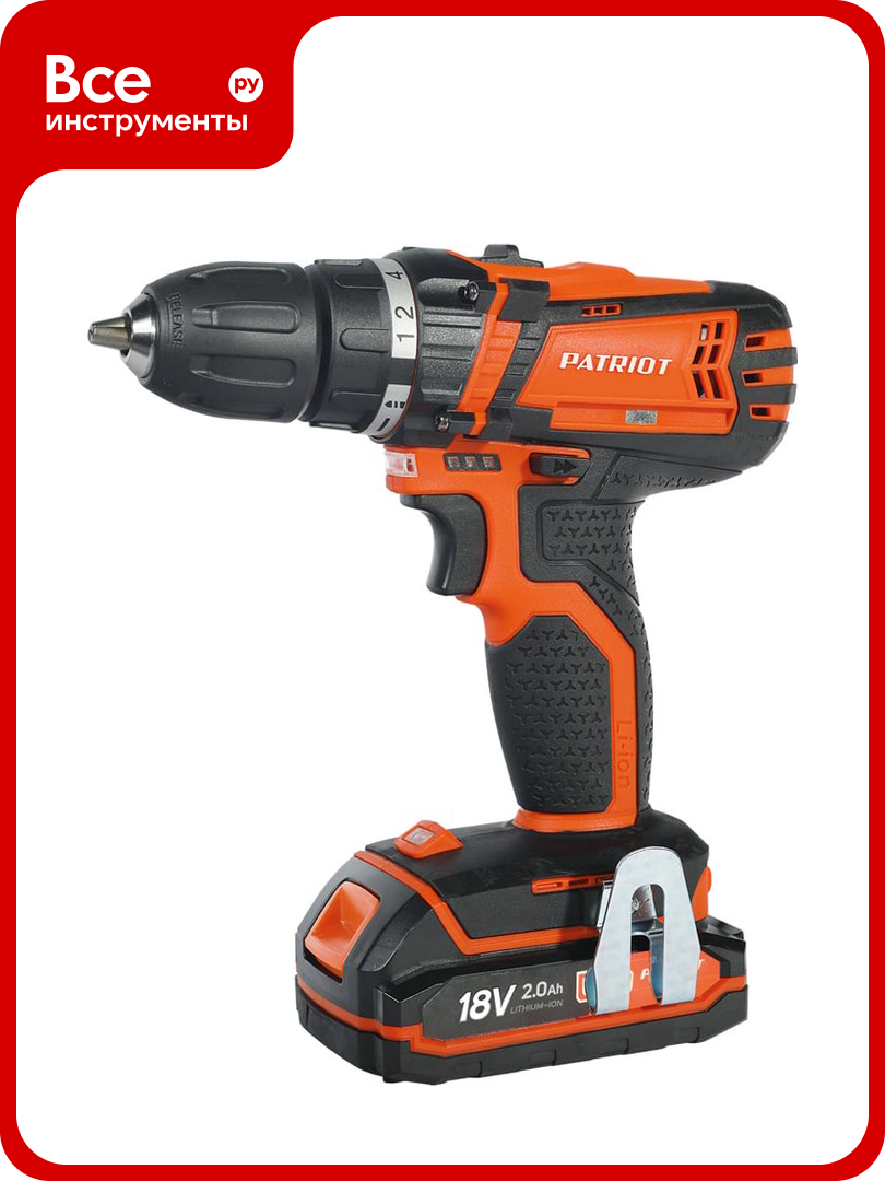 Аккумуляторная дрель-шуруповерт PATRIOT BR 183UES 180201483, легко с блокировкой шпинделя, подсветкой и креплением ремня