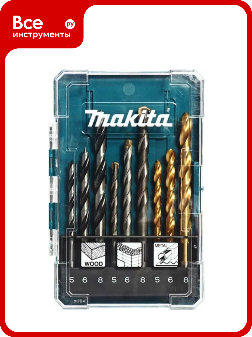 Набор сверл (9 шт; 5, 6, 8 мм; дерево/металл/бетон) Makita D-71962, 8 мм