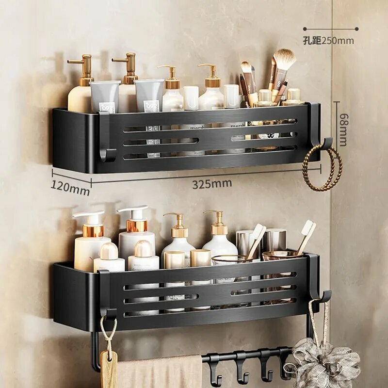 2 шт перегородка для ванной комнаты,2-х ярусная самоклеющаяся полка настенная,8 шт крючки для ванной держатель для полотенец черные