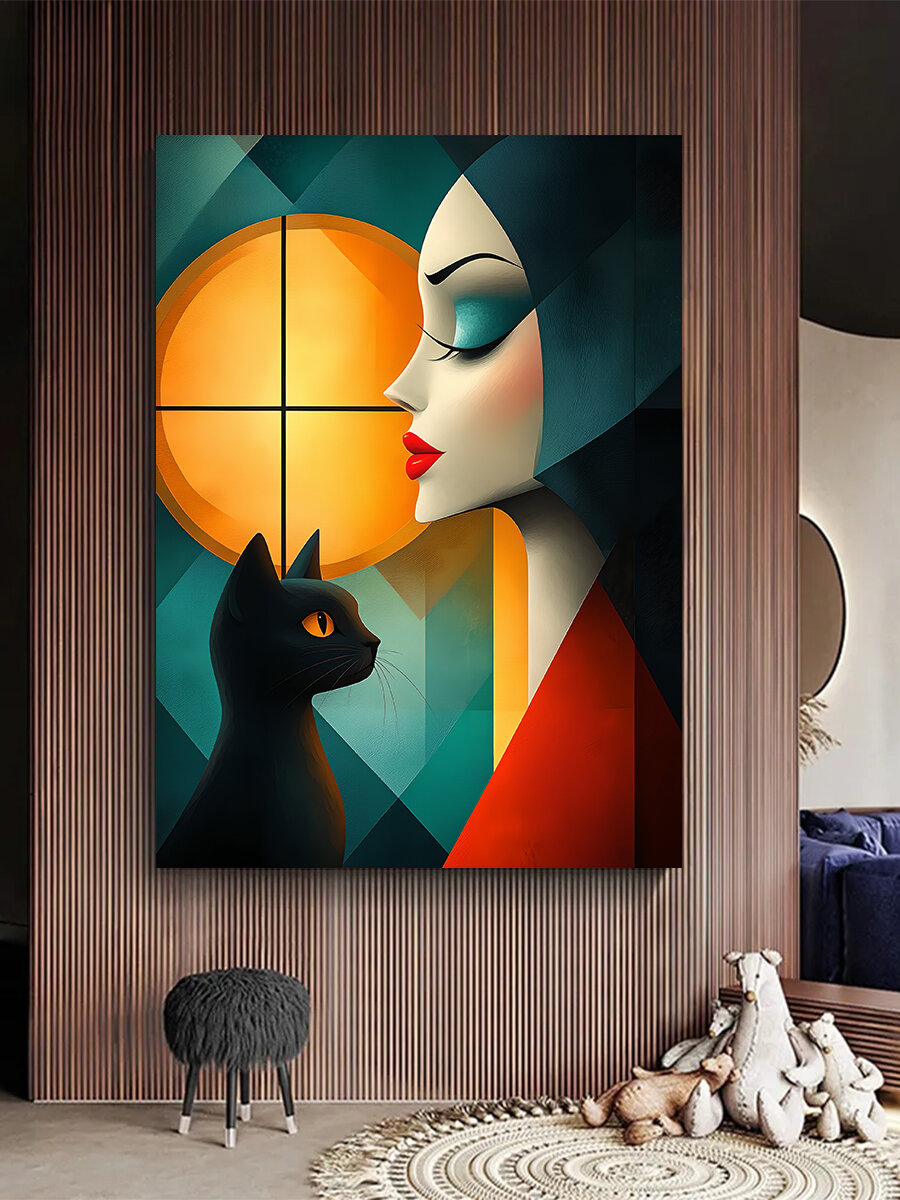 Картина интерьерная - "Абстракция, девушка с котом" , 40х60 см.
