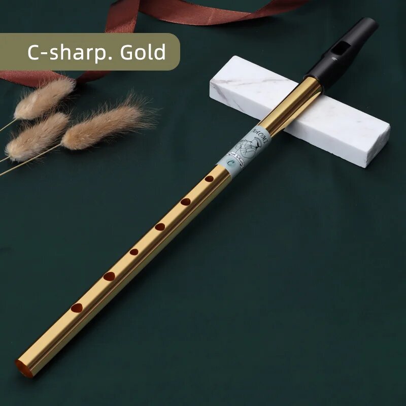 Латунная ирландская флейта, Ключ C/D, 6 отверстий, C-sharp. Gold