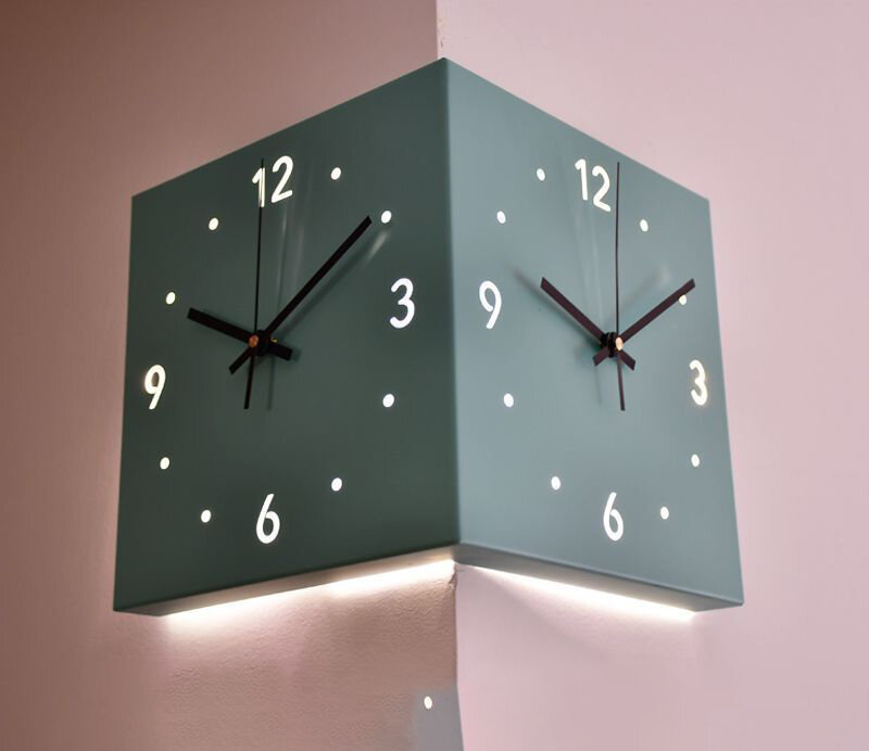 Современные угловые настенные часы, беззвучный, светодиодная подсветка, квадратная, металл, 26x26 см.