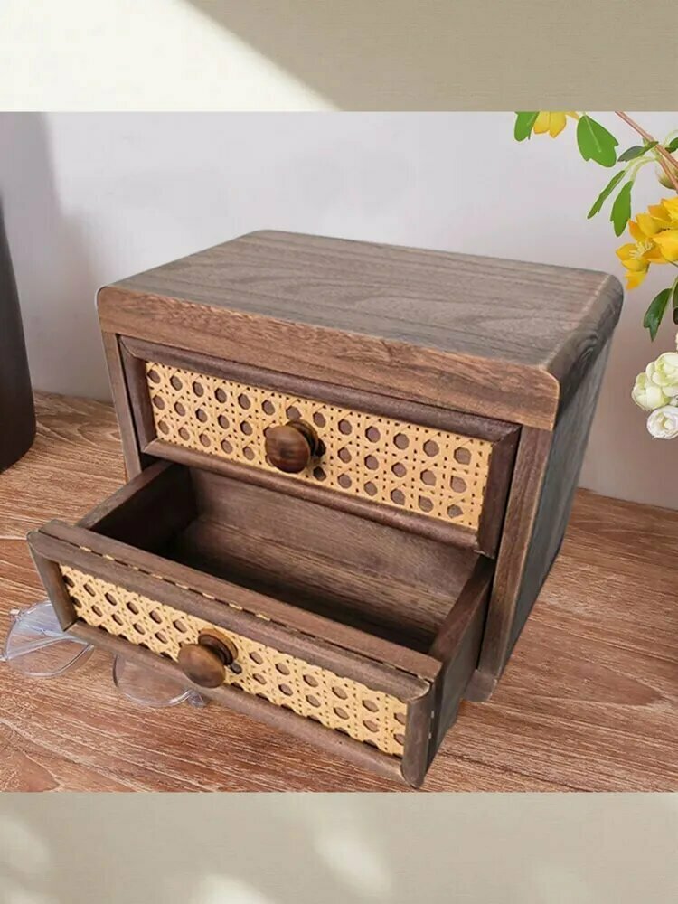 Комод ”Ореховый, сплетенный из бамбука", деревянный, 2 выдвижных ящика, 22 см х 22 см