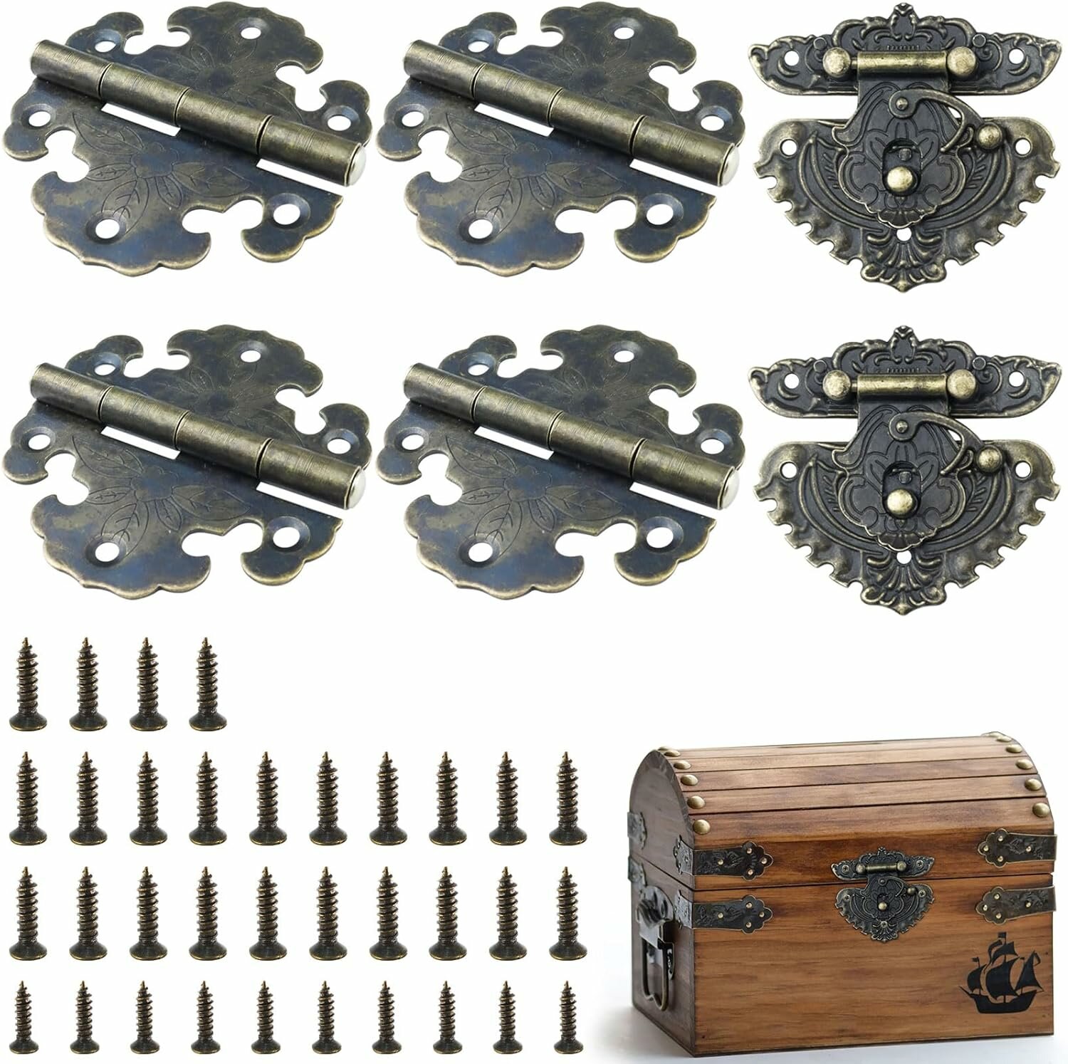 6 бронзовых петель, включая откидные петли, замки для деревянных ящиков и отвертки, 34 подходящих винта