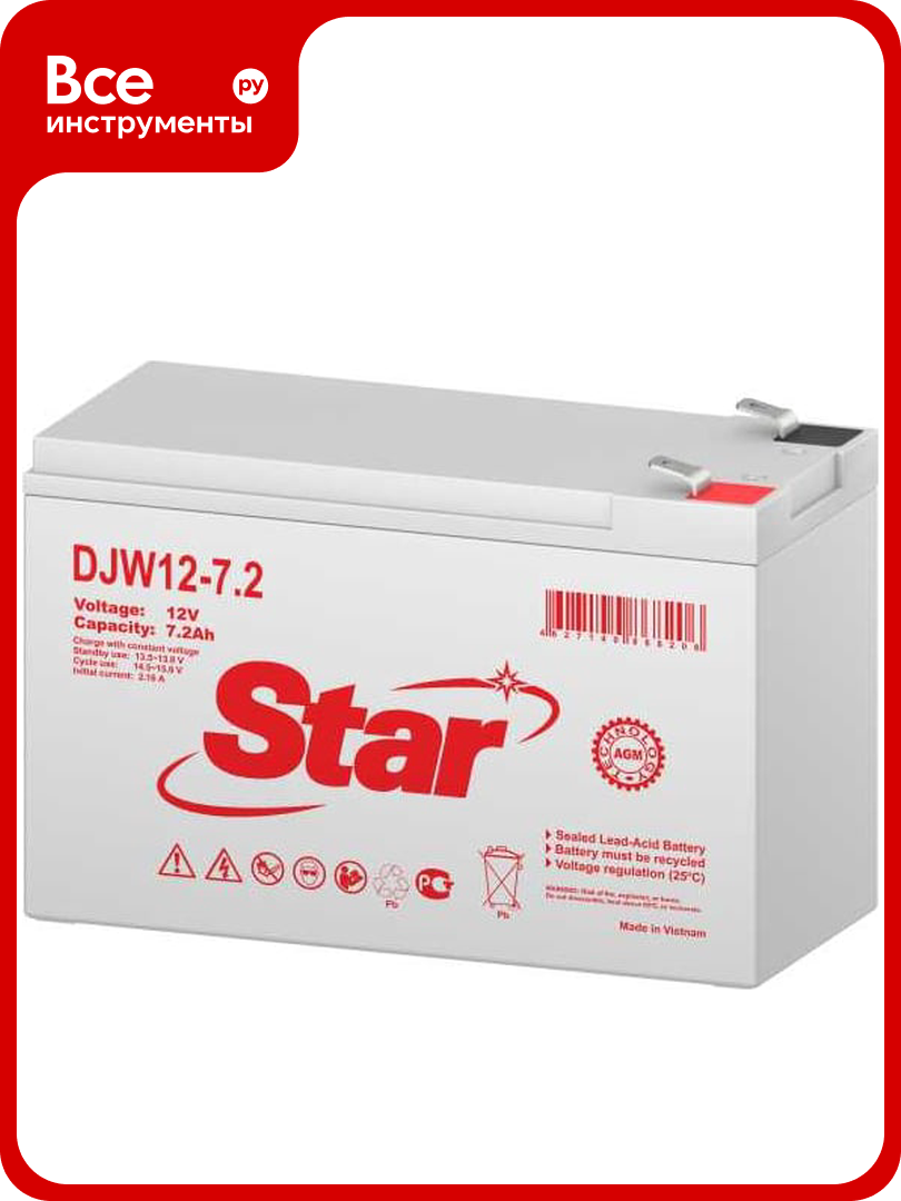 Аккумулятор для ИБП DJW12-7.2 12 В, 7.2 А*ч Star УТ-00002532, Аккумуляторные батареи серии djw12-7 12В технология AGM