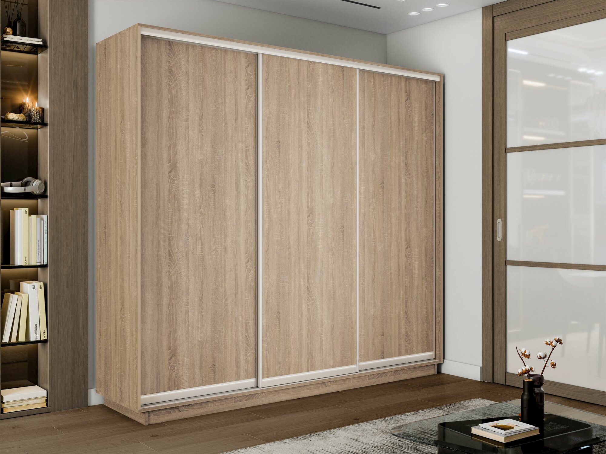 Шкаф купе Вилли 3-х дверный ЛДСП, профиль серебро 180 см х 240 см х 45 см (Дуб Сонома)