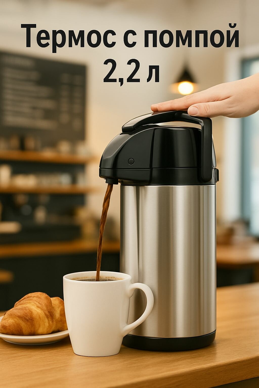 Термос с помпой 2.2 л для кофе и чая, нержавеющая сталь, Airpot для профессиональных капельных кофеварок Marco, Bunn, Fetco