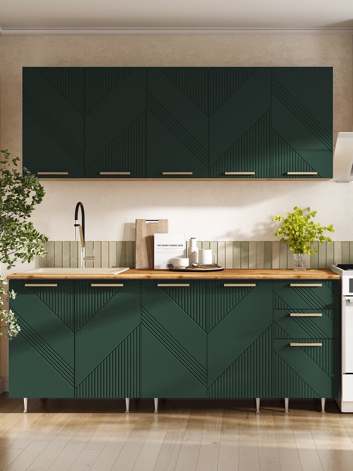 Кухонный гарнитур прямой «Ирис», с столешницей, 2000 мм, цвет браш мени грин МДФ/дуб крафт