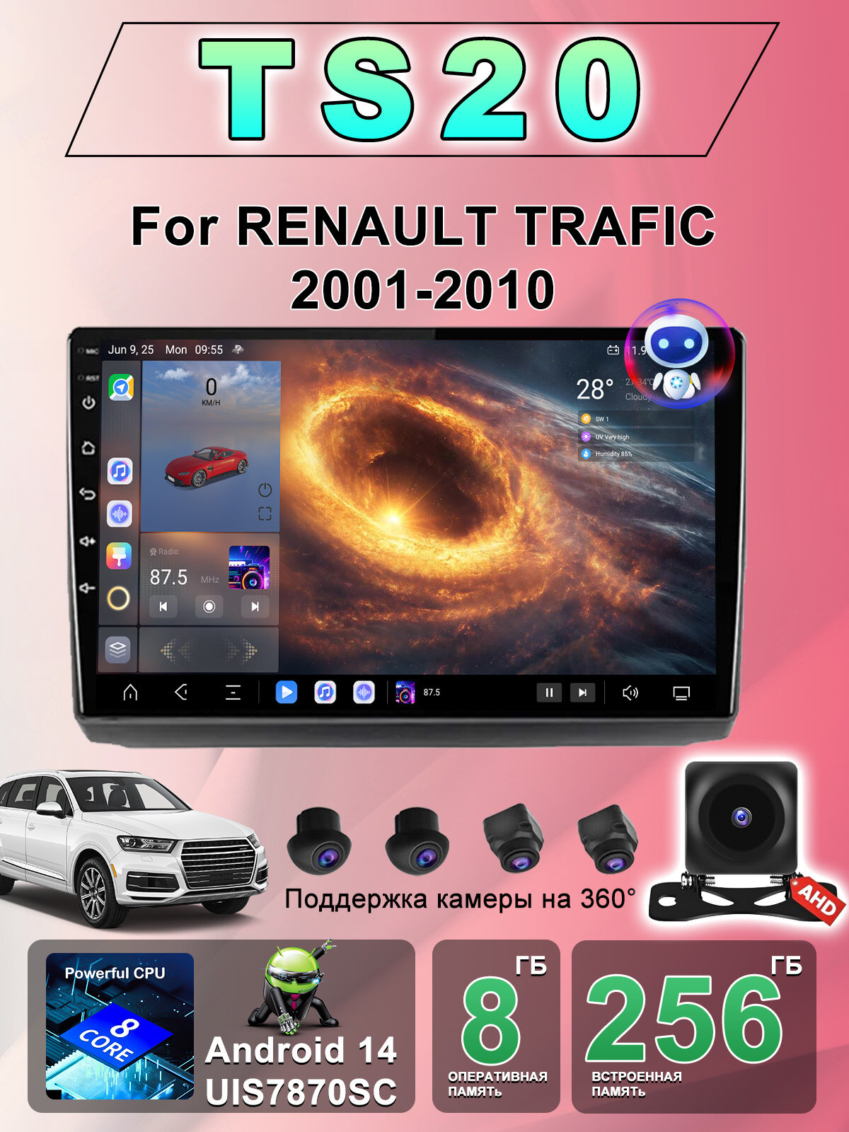 Штатная Магнитола TS20 для RENAULT TRAFIC 2001-2010 , с камерой заднего вида. QLED экран 10.1 дюймов, Wifi 2din с сенсорным экраном, usb и блютузом