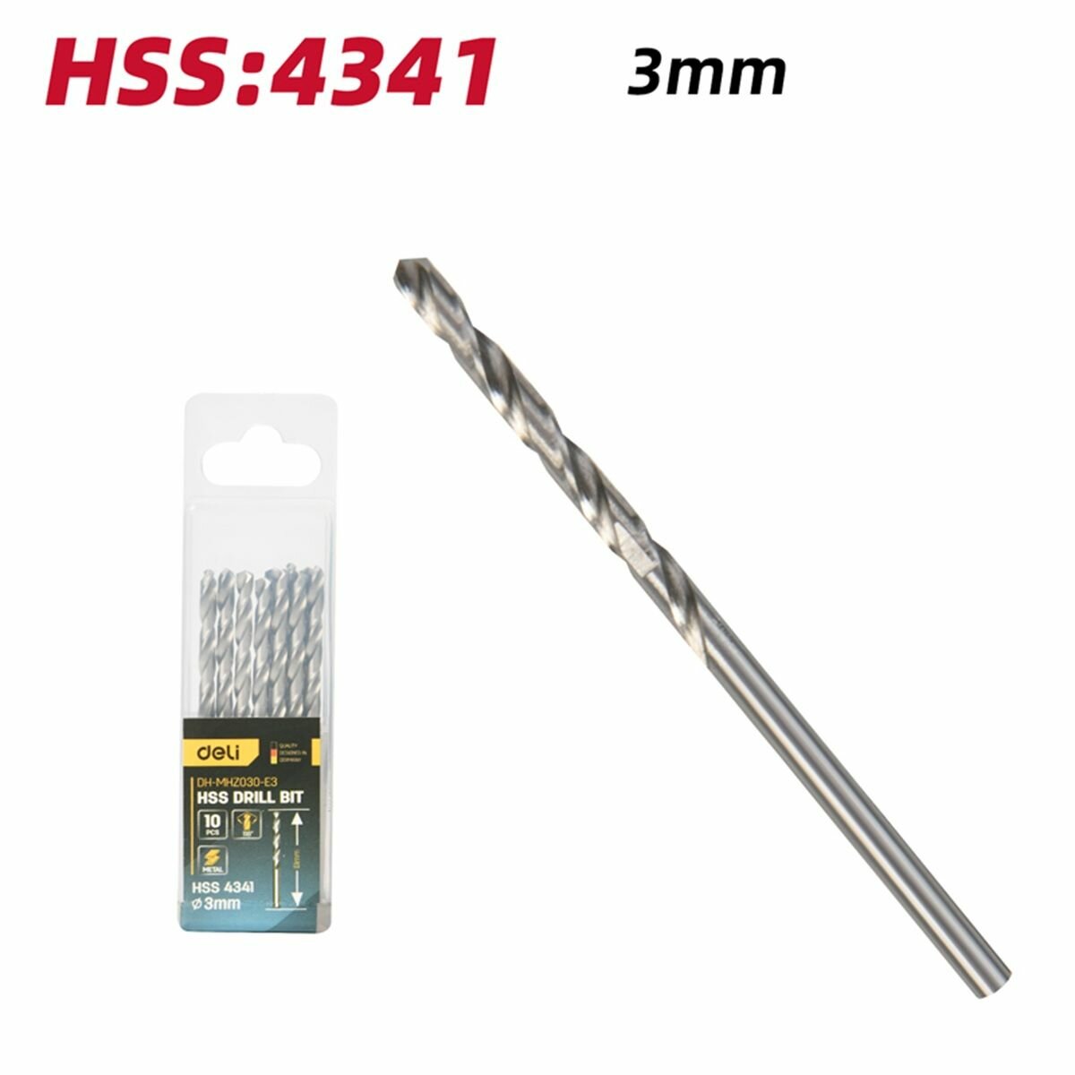 Набор сверл по металлу (3мм, 10 шт) Deli DH-MHZ030-E3 сталь HSS 4341, угол заточки 118 град, пласт. кейс