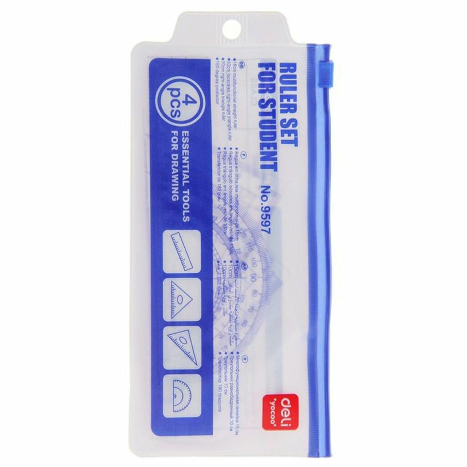 Набор геометрический малый прозр. (2треуг, 15см лин, трансп.)