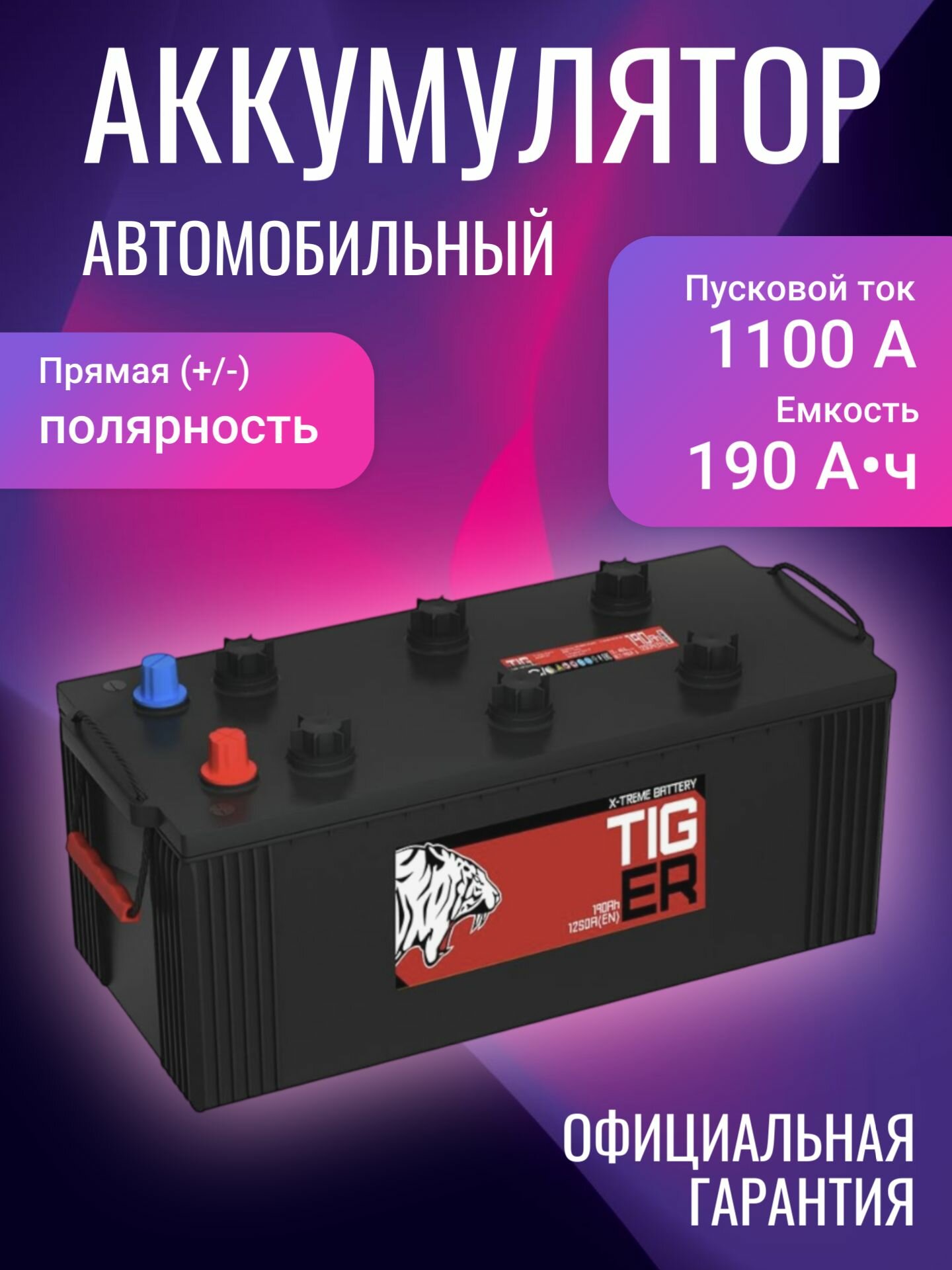 Аккумулятор автомобильный TIGER Red Energy 12В 190Ач 1100А, Прямая полярность