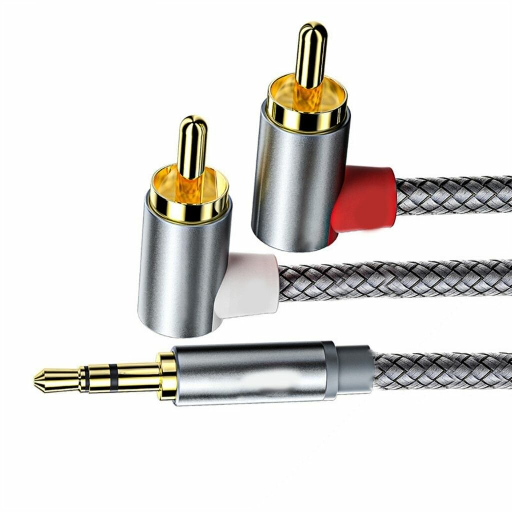 (1 шт.) Позолоченный 3,5-мм штекер наушников AUX на 2RCA HD аудиокабель-адаптер - 2 м серый угловой переходник