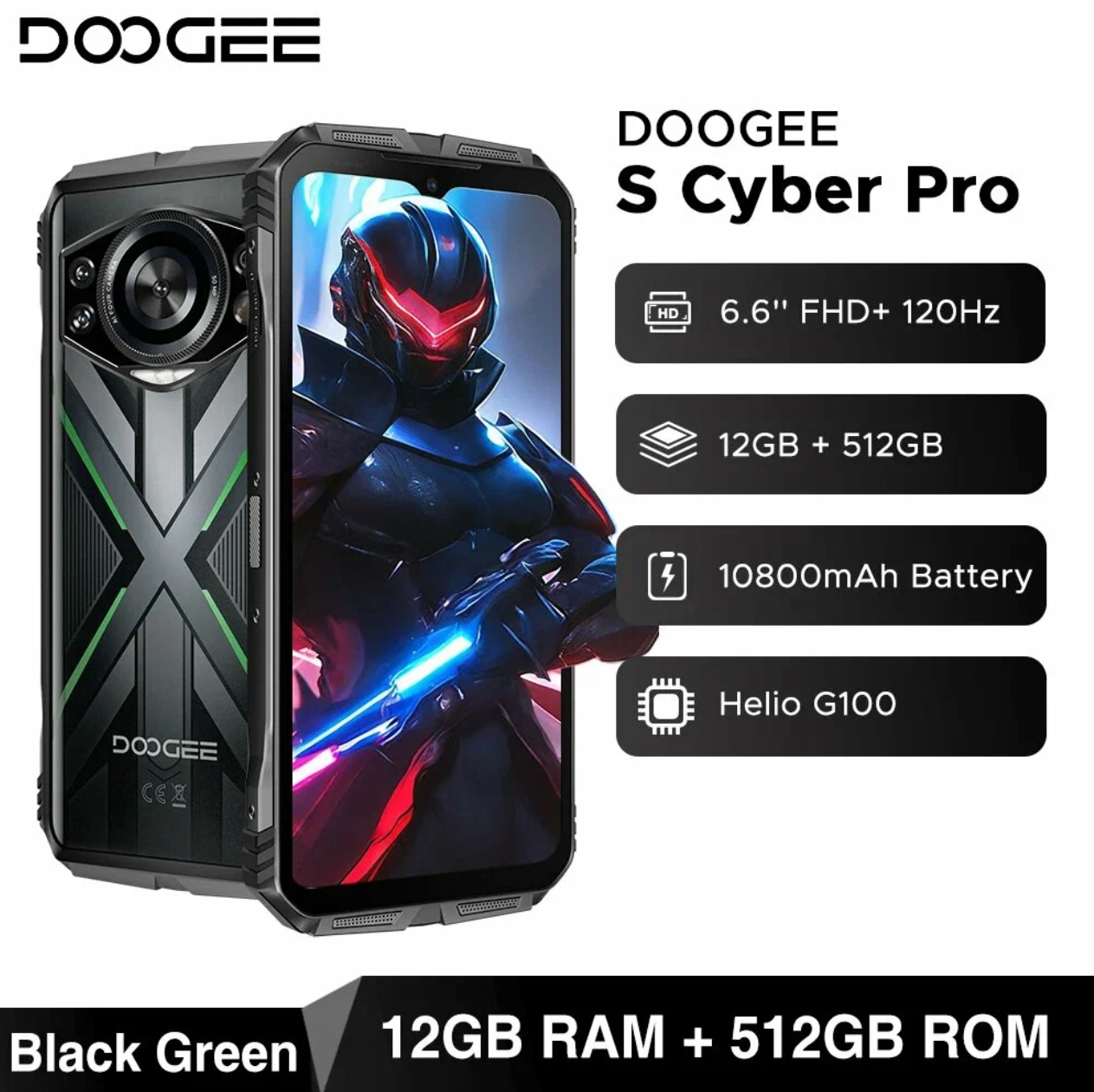 Защищенный смартфон Doogee S Cyber Pro Emerald Green,12/512 ГБ, 10800мАч,120Гц, Helio G100, Ночная камера, Гарантия год