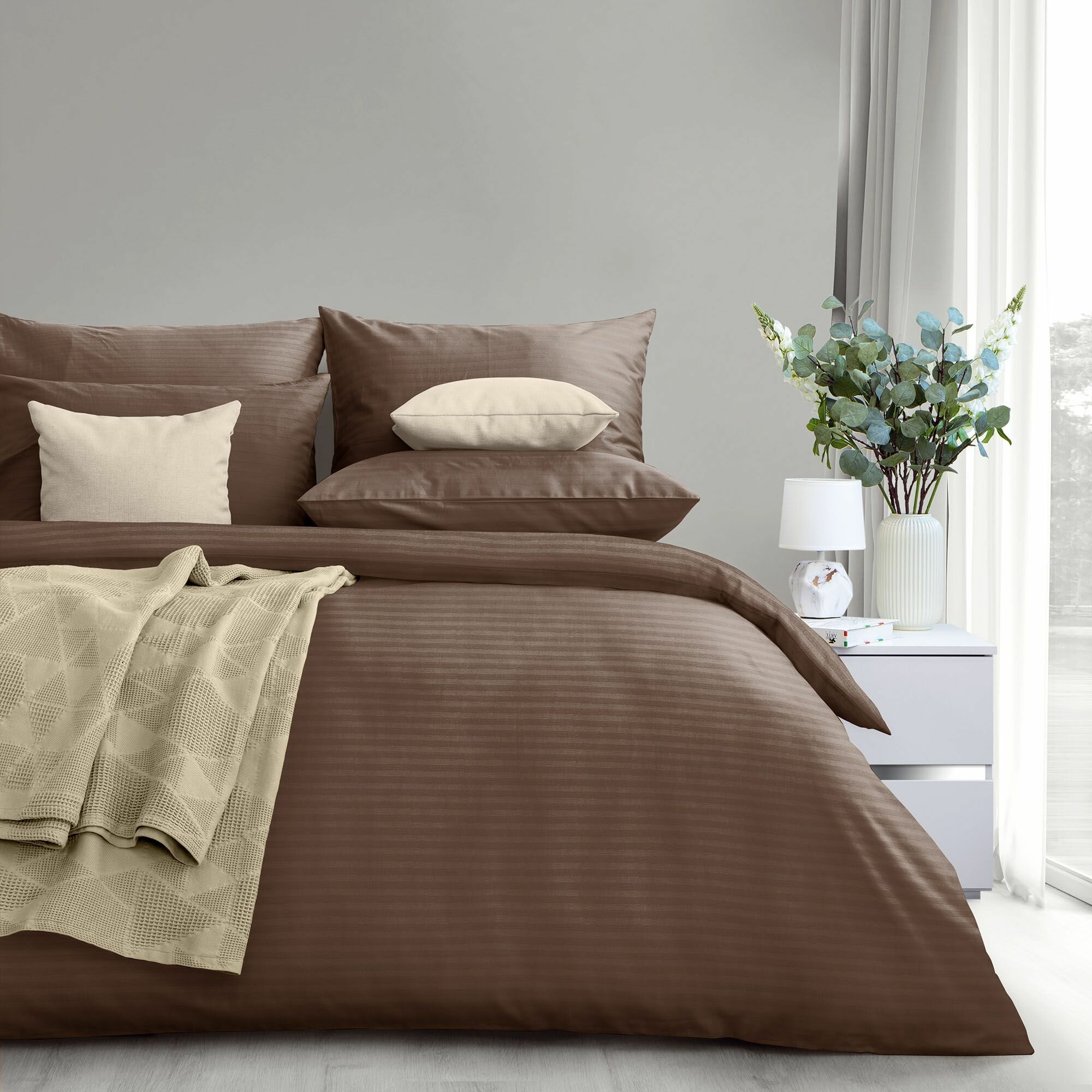 Постельное белье Verossa Stripe Сатин Taupe 1,5-сп. 50х70, пододеяльник на молнии